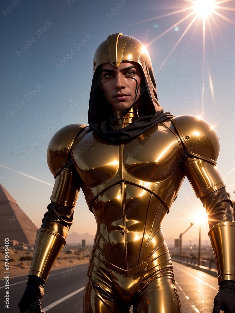 Egypt with sunset in the background, man in Egypt suit,interesting pose ...