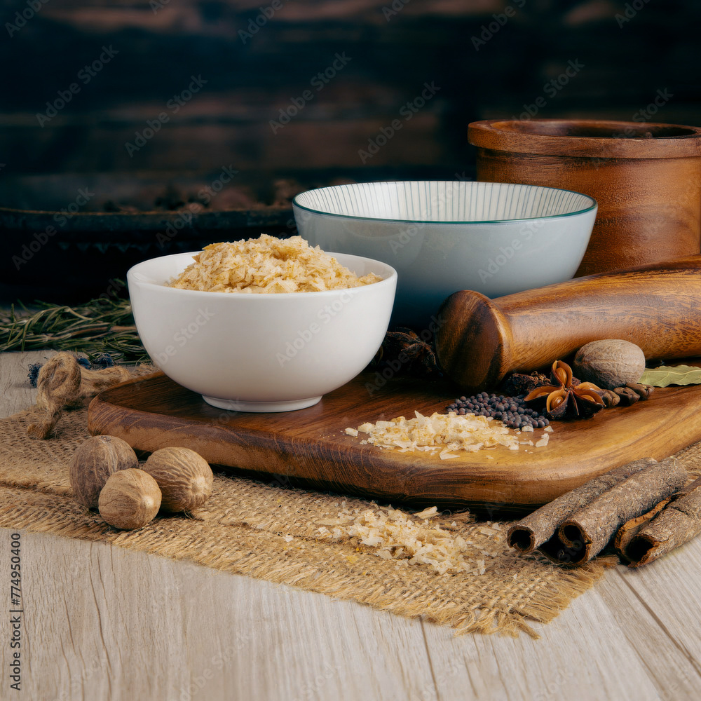 CYPRUS PYRAMID SALT - CHILLI on wooden table background. Herbs, spices ...