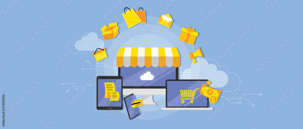 E- commerce layout design. Vector Computing and Data Cloud Technology ...