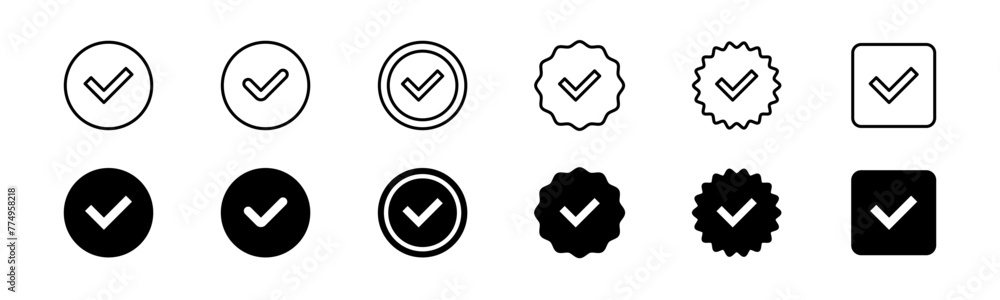 Checkmark in circle icon set. Checkmark tick icon set. Line and glyph ...