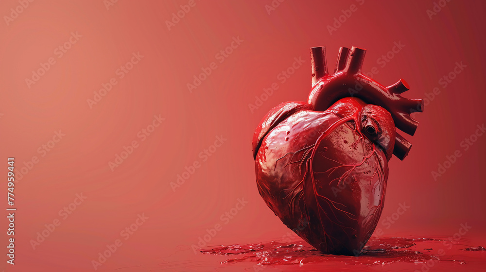 Human heart anatomy with blood over red background. Concept of heart ...