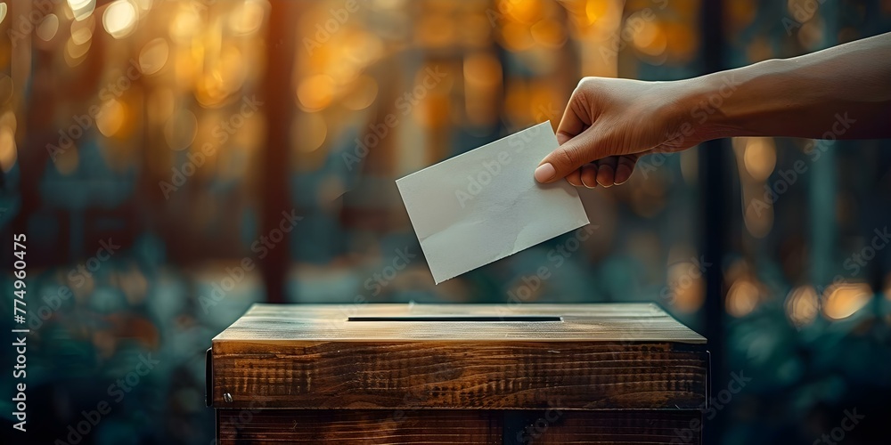 A hand drops a ballot into a voting box during an election depicted in ...
