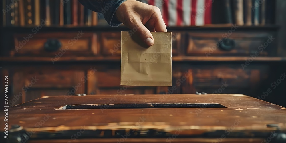 Voting card being placed in a ballot box with USA flag background ...
