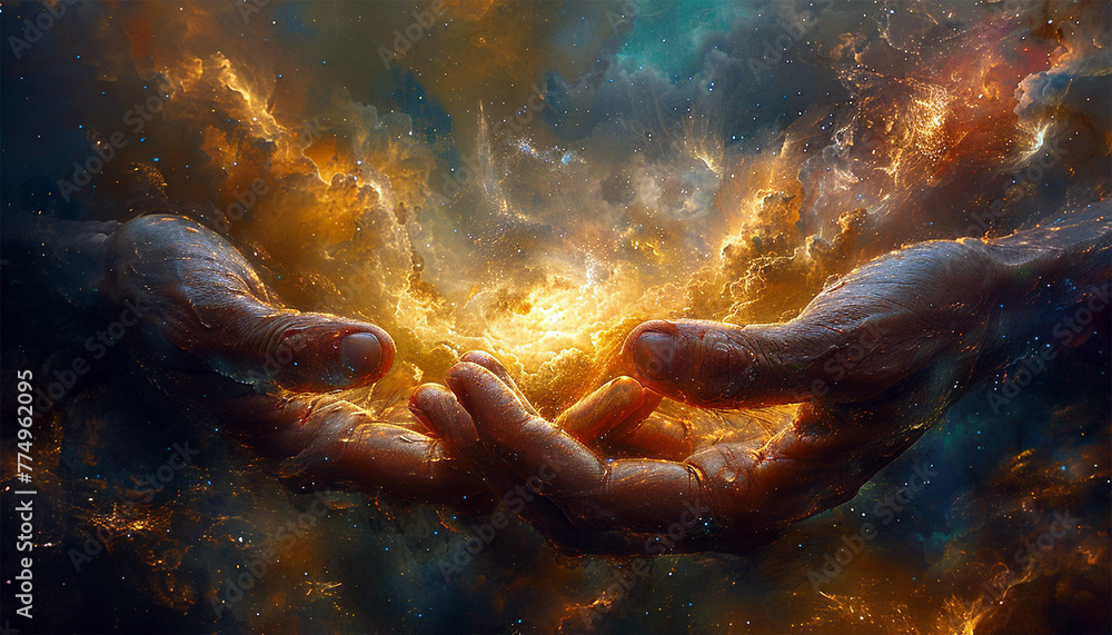 Hands of god or Jesus Christ in the clouds. Human hands open palm up ...