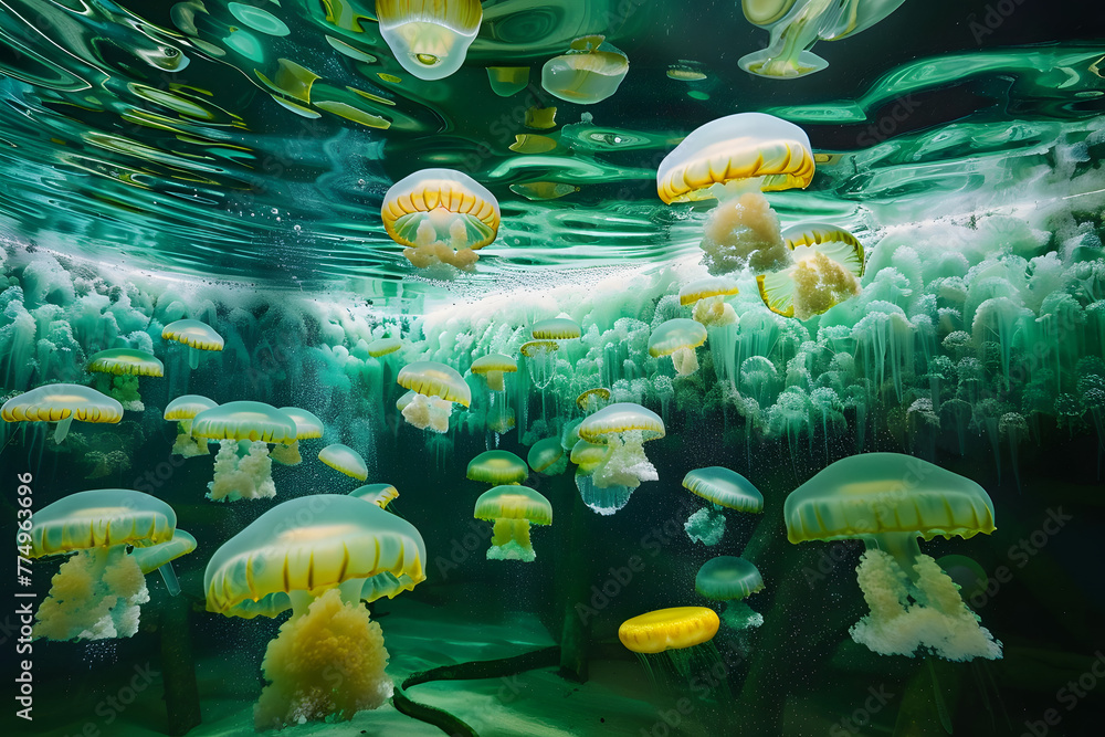 a group of jelly like objects floating in a body of water with green ...