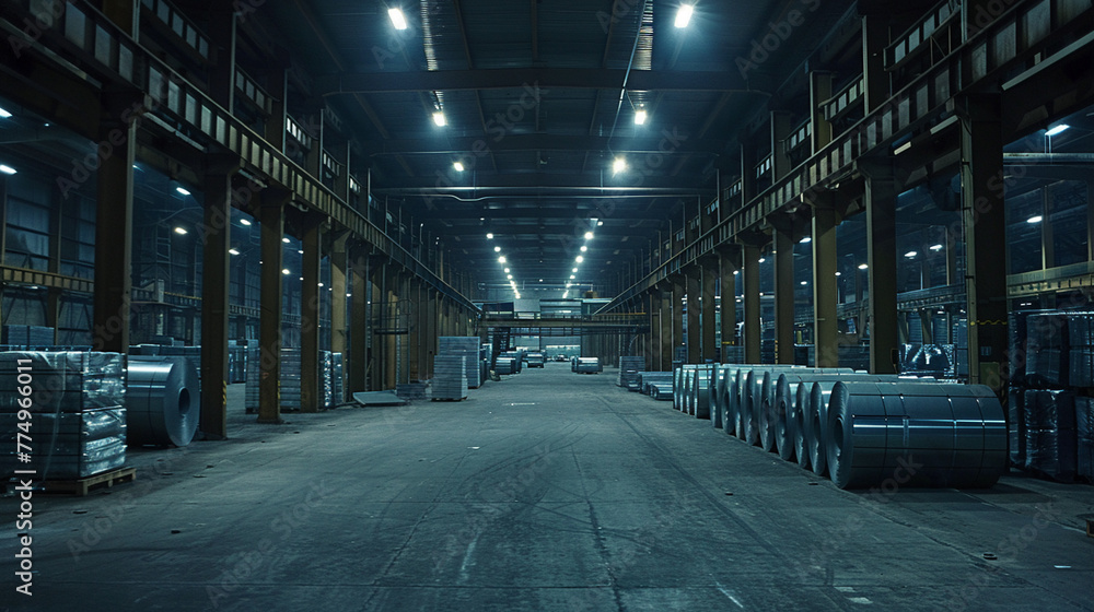 In the expansive factory warehouse, rows of galvanized sheet steel are ...