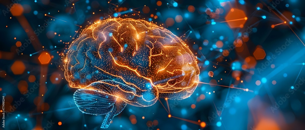 Closeup image of a human brain model showing neurological pathways and ...