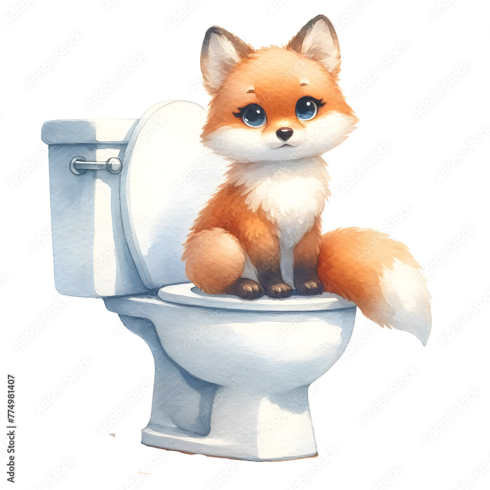 Cute watercolor animal character is sitting and pooping on the toilet ...