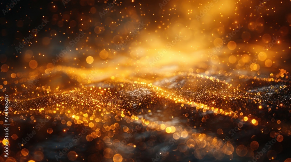 Digital Gold Particles Wave and light abstract background with shining ...