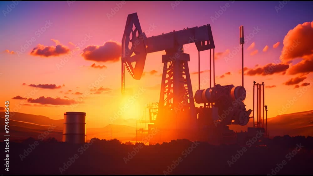 Oil drilling derricks at desert oilfield for fossil fuels output and ...