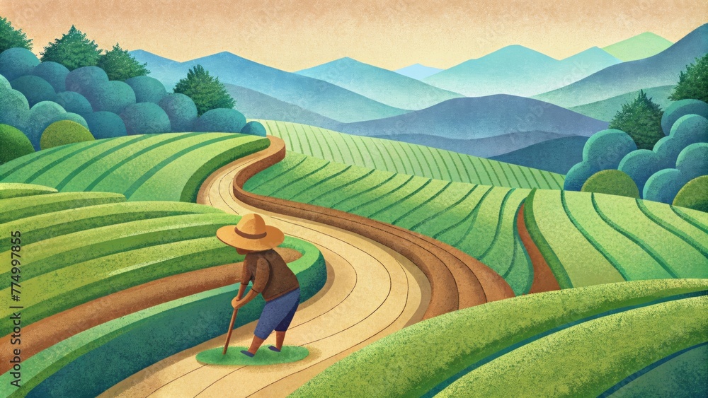 A farmer utilizes contour farming techniques planting rows of trees ...