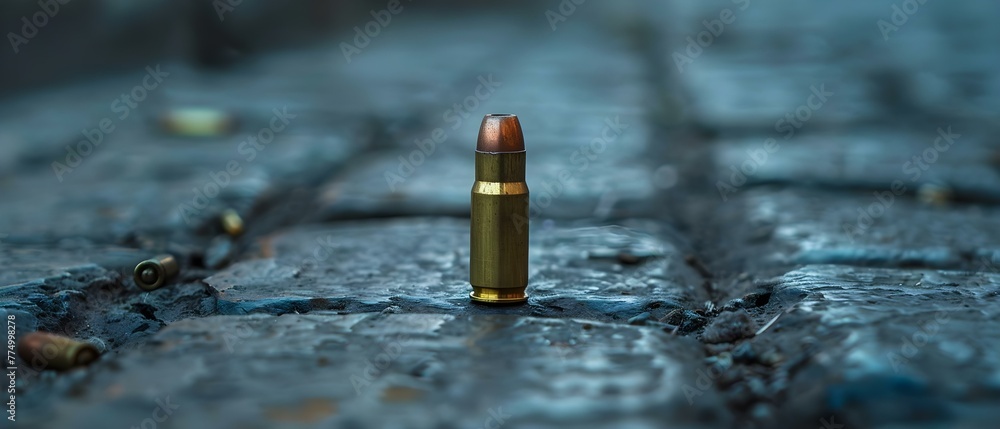 Closeup of a 9mm bullet shell on a brick floor a key piece of evidence ...