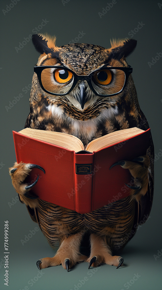 Gebildete weise Eule Uhu liest ein Buch mit Brille Generative AI ...