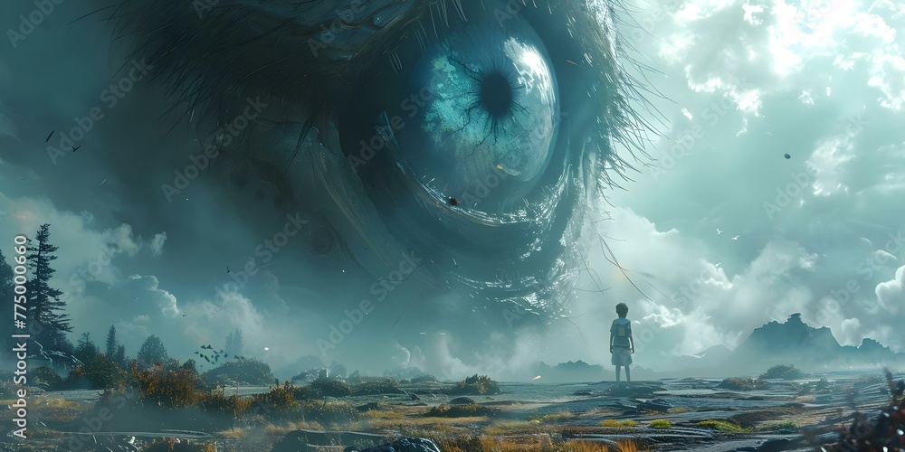A boy walks on a strange planet towards a giant alien creature with a ...