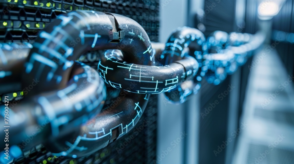 A chain formed from interlocking digital locks winds around a server ...