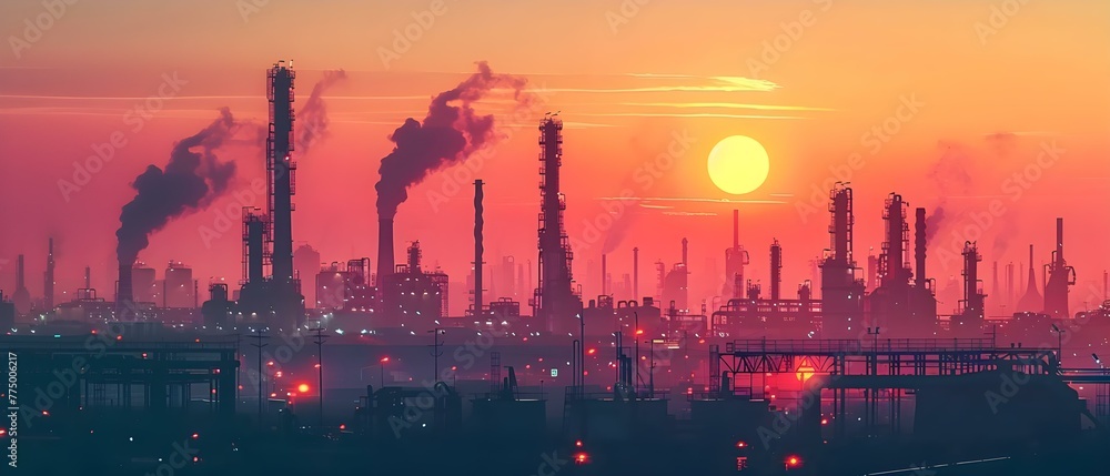 Pollution caused by emissions from an oil refinery plant with pipelines ...