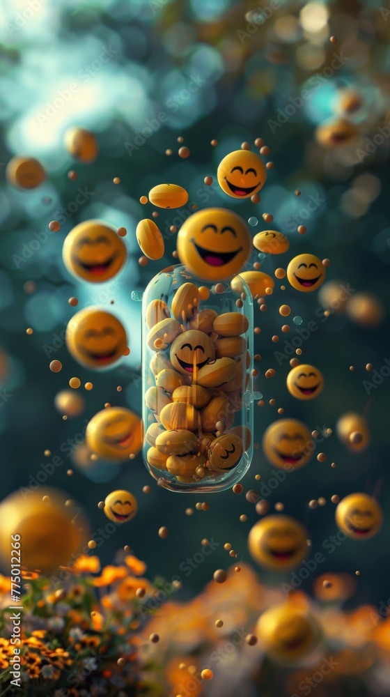 Capsules of happiness with floating smiley faces Stock Illustration ...