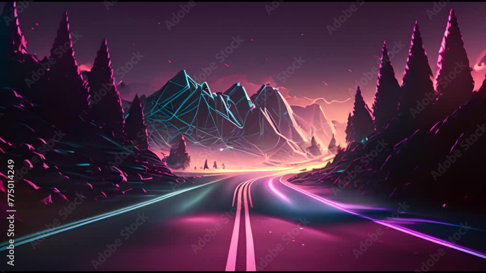 Road design neon glow moving forward. High speed road in night time ...