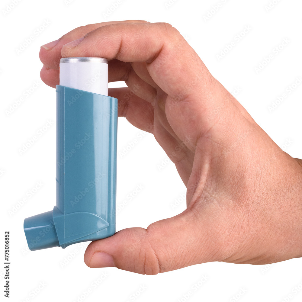 Mão segurando um aplicador spray oral , medicamento de inalação usado ...