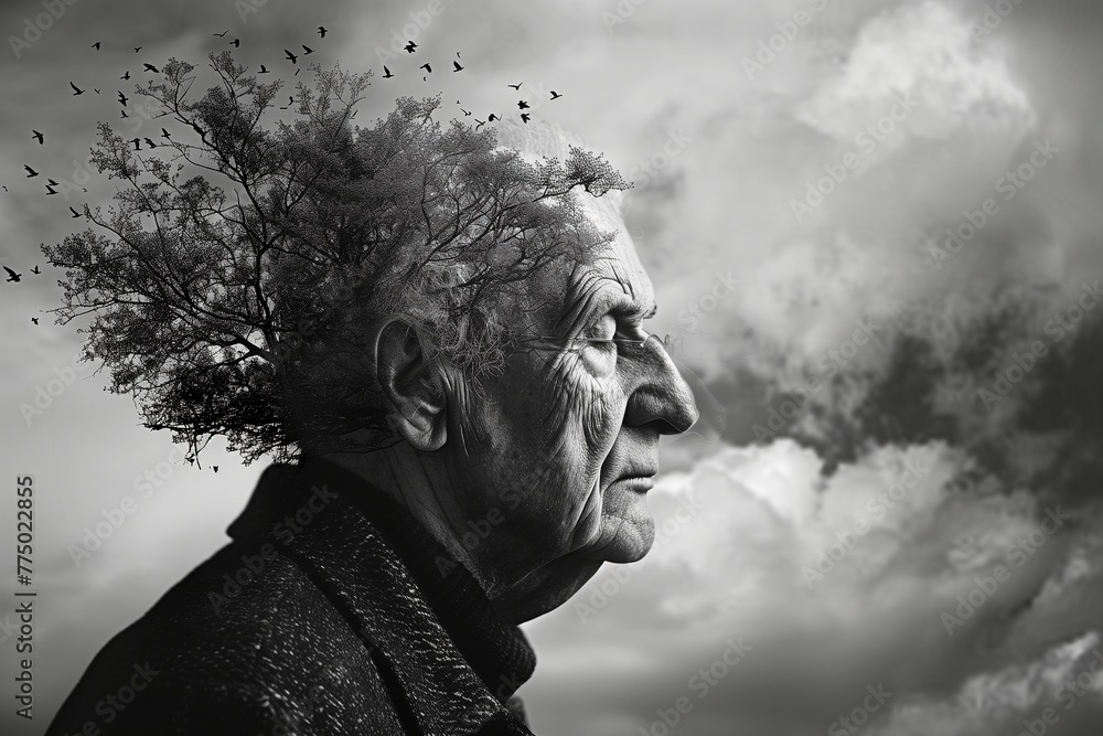 A powerful black-and-white profile of an elderly man merges with a tree ...