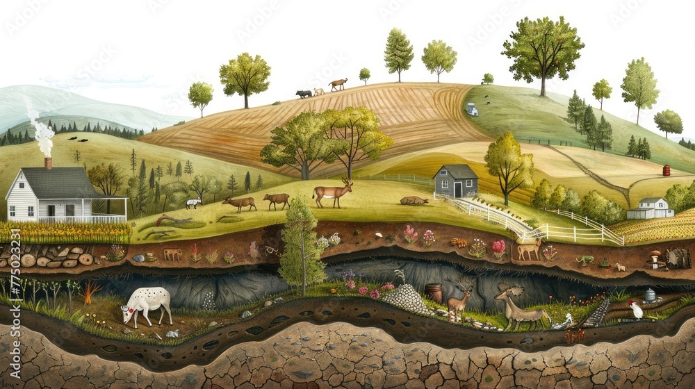 A detailed illustration of a farms ecosystem from soil layers to ...