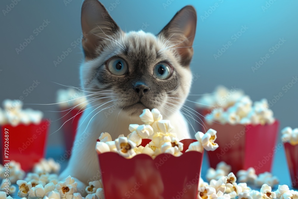 Cat holding popcorn and preparing to watch a movie, flat background ...