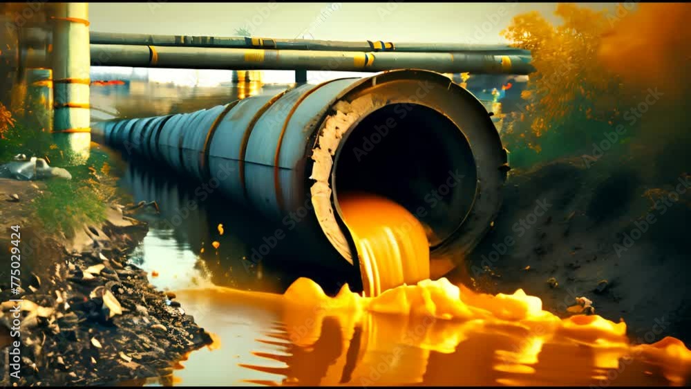 Sewage discharge from a pipe into a river. Dumping of industrial waste ...