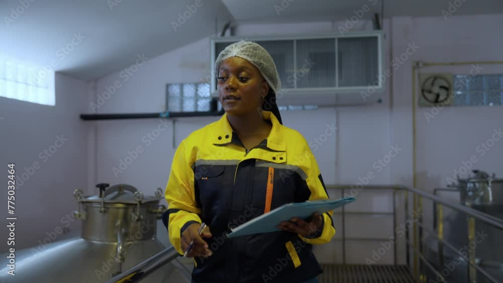A food safety officer in professional attire diligently takes notes ...