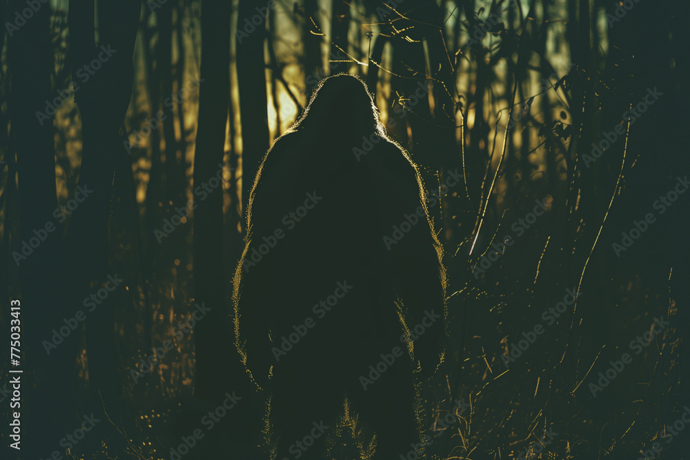 Bigfoot sighting in the dark woods. North American cryptid Sasquatch silhouette in the forest at ...