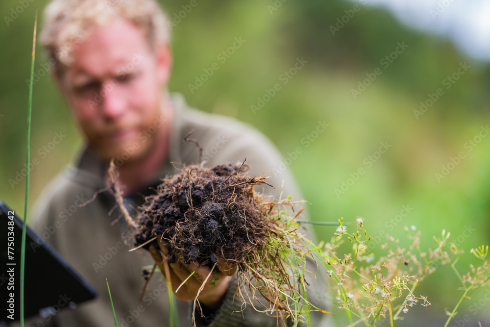 soil science student agriculture looking at a soil sample. girl on a ...