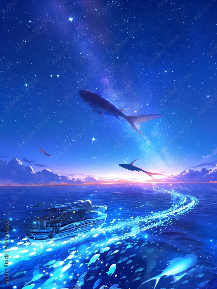 Enchanting Glide High Fantasy Scenes of Bioluminescent Fish Soaring ...