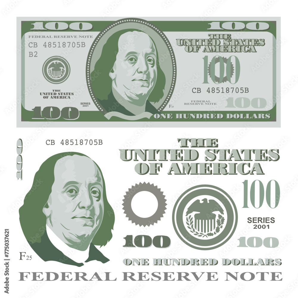 A set of simplified vector design elements and parts of 100 dollars ...