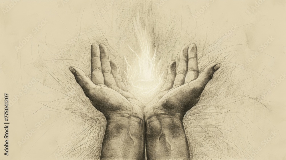 Sketch of Hands Cupping Light, Metaphor for Hope and Inspiration Stock ...