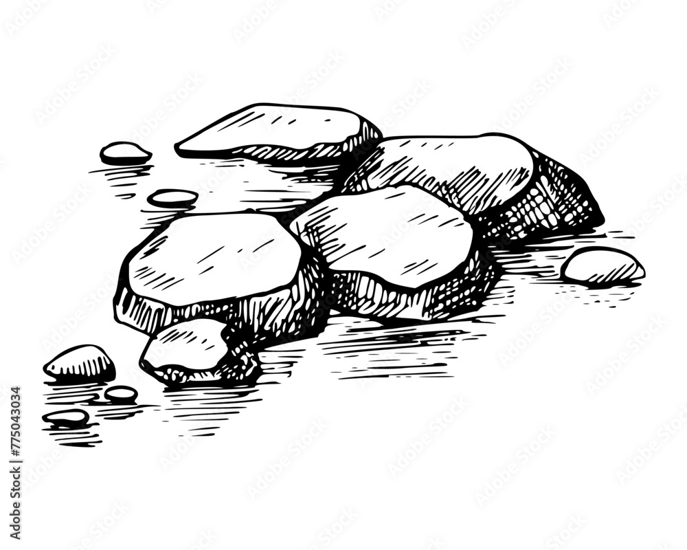 Stones vector sketch. Hand drawn illustration with painted by black ...