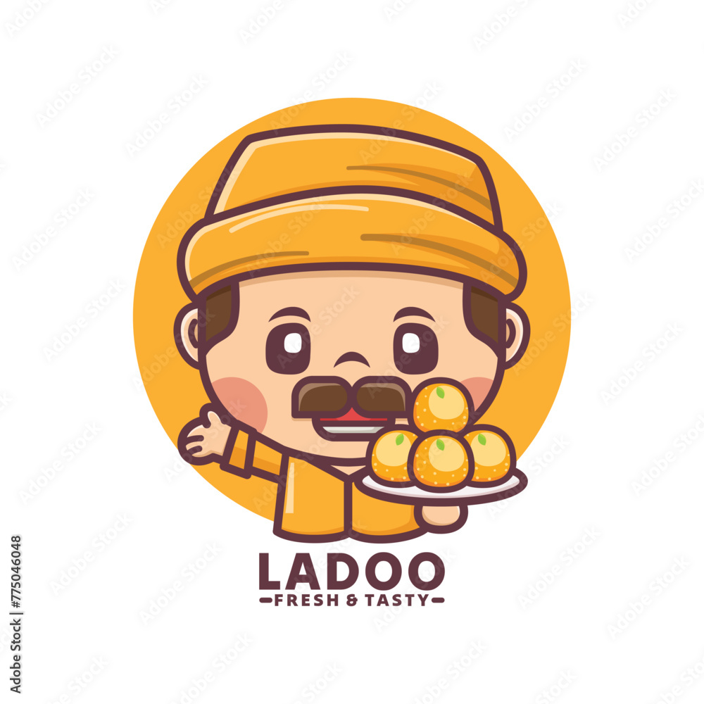 cute male cartoon mascot with ladoo indian food, vector illustration in ...