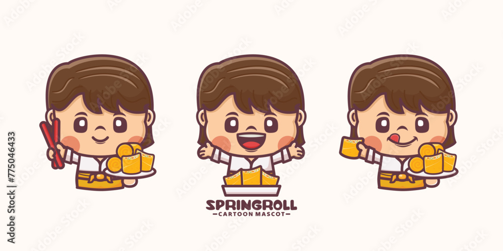 female cartoon character with spring roll, vector illustration in ...