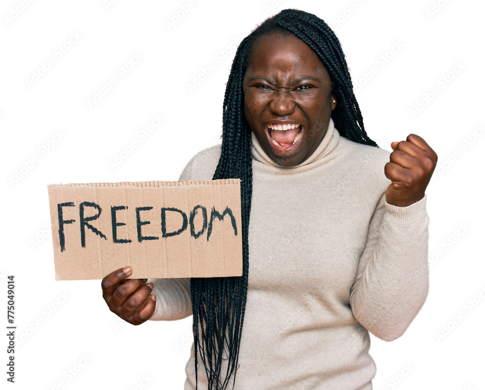 Young black woman with braids holding freedom banner screaming proud ...