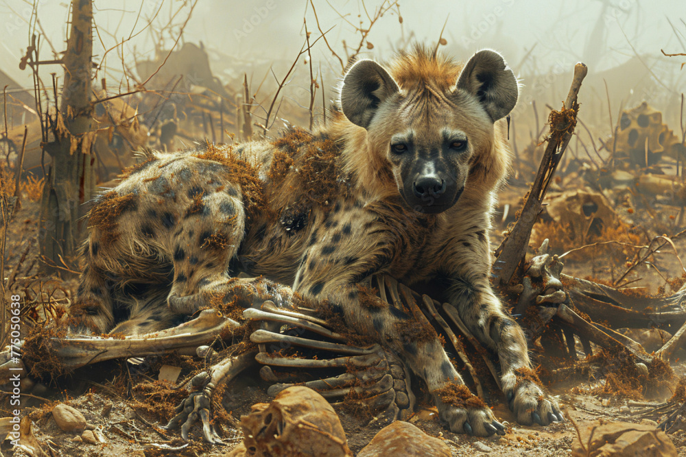 Produce an image of an abstract, savage hyena lounging on a throne of bones in a post ...