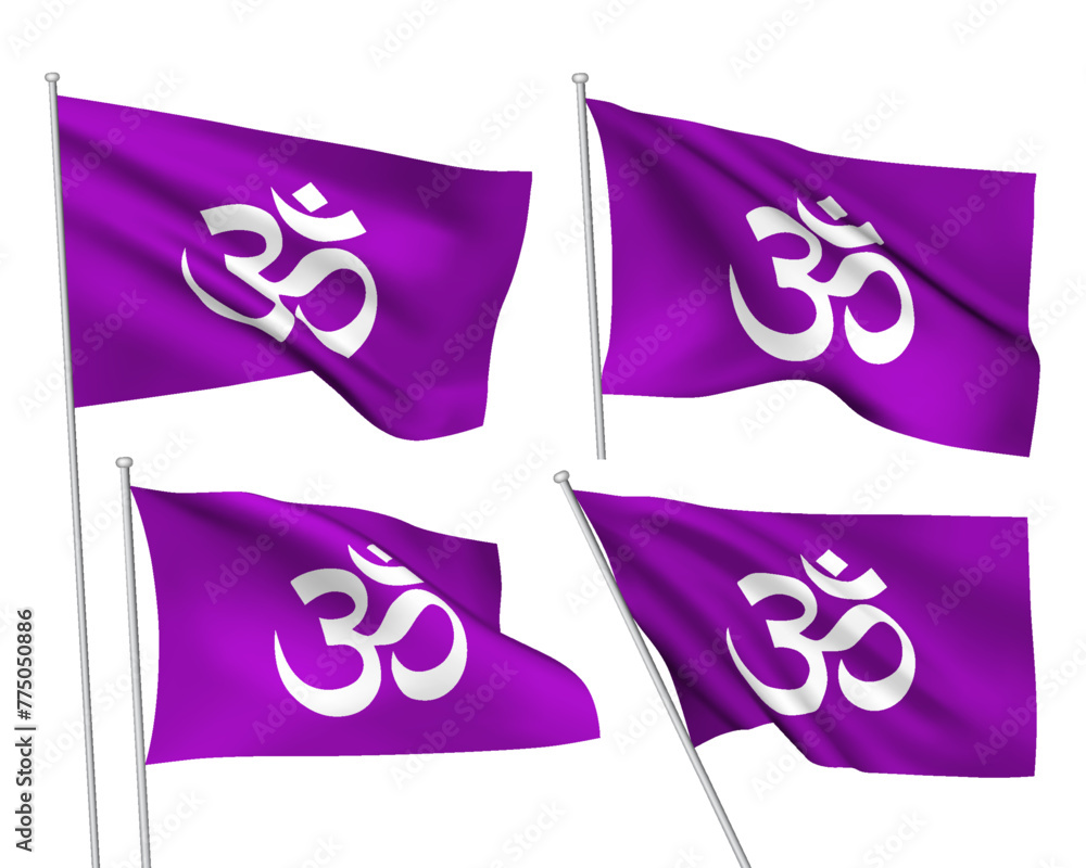 Vector flags with OM symbol. A set of wavy 3D flags with flagpoles ...