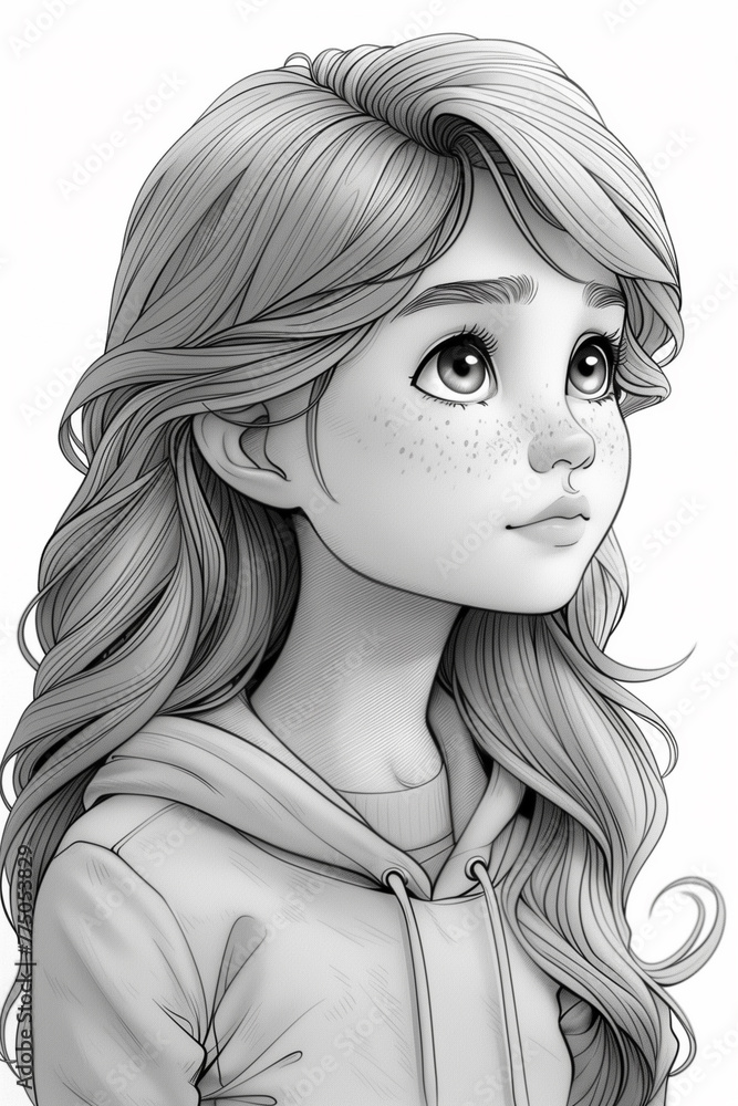 Cartoon-style drawing of a girl with thick lines and long hair coloring ...