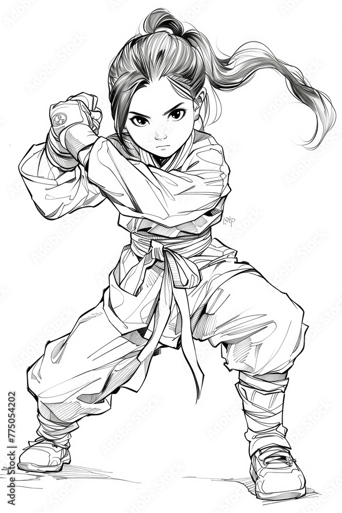 A drawing depicting a girl in a karate stance, showcasing martial arts ...