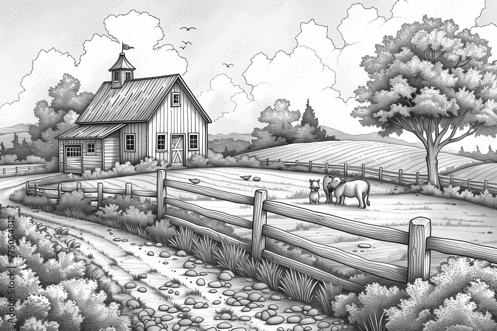 Detailed illustration of a farmyard with animals, barns, fields, and a ...