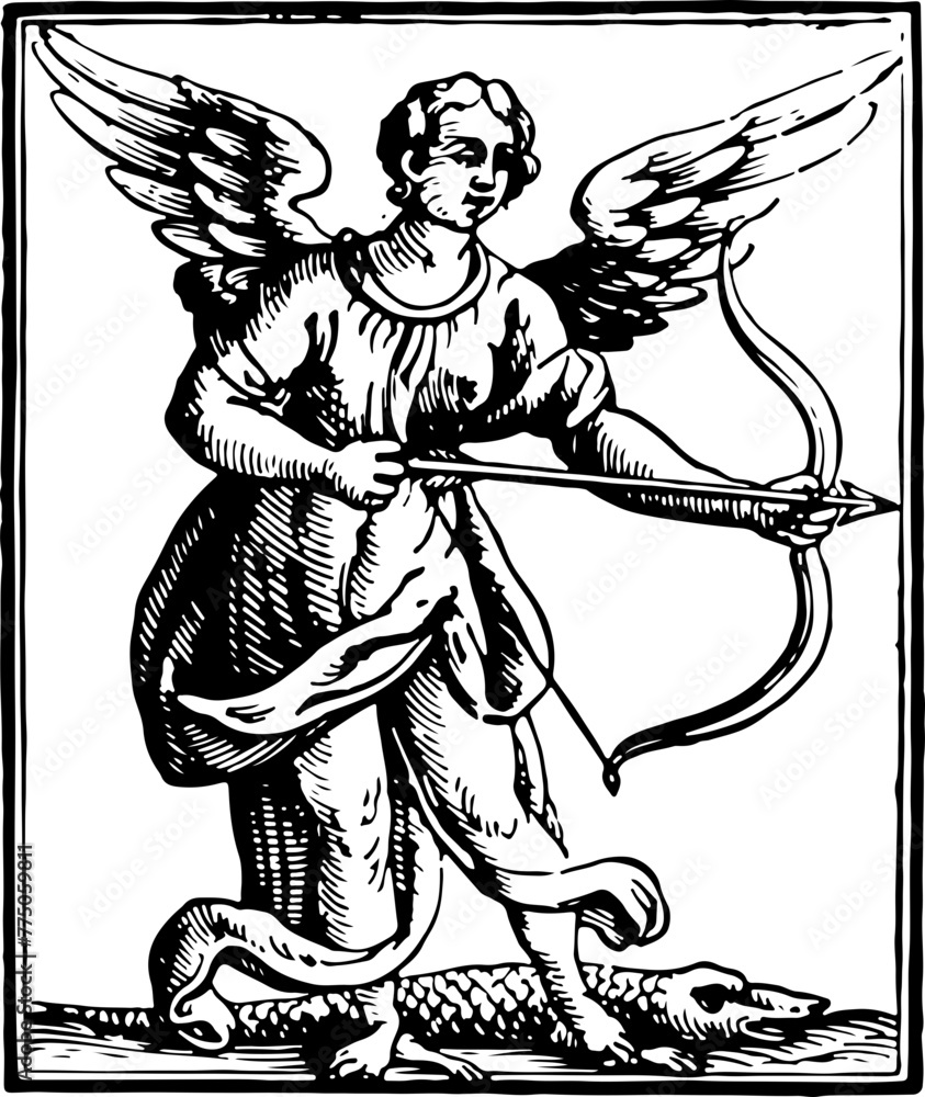 An angelic figure drawing a bow, in a woodcut style, symbolizing ...
