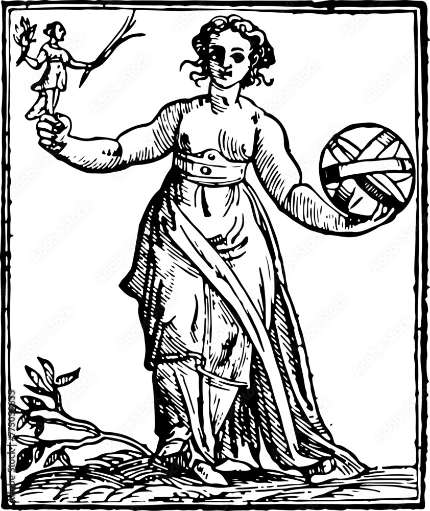 An evocative woodcut depiction of Lady Fortune holding a doll and a ...