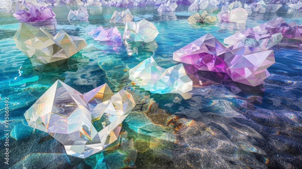 Digital artwork of multifaceted crystal structures resembling ice ...