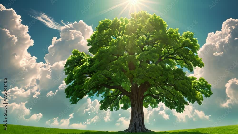 Video animation of solitary tree standing tall in the middle of a lush ...