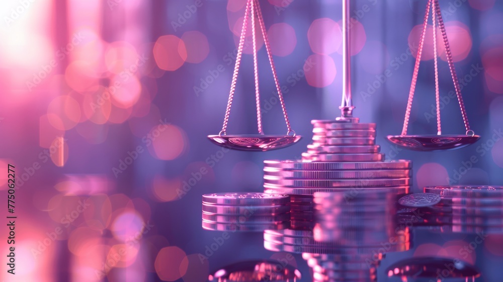 Abstract art representing economic scales, cards and coins in balance ...