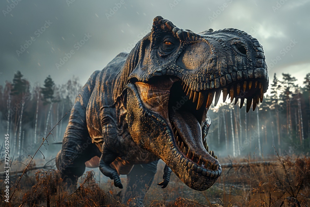 Tyrannosaurus rex in moody lighting ultra wide angle realism in ...