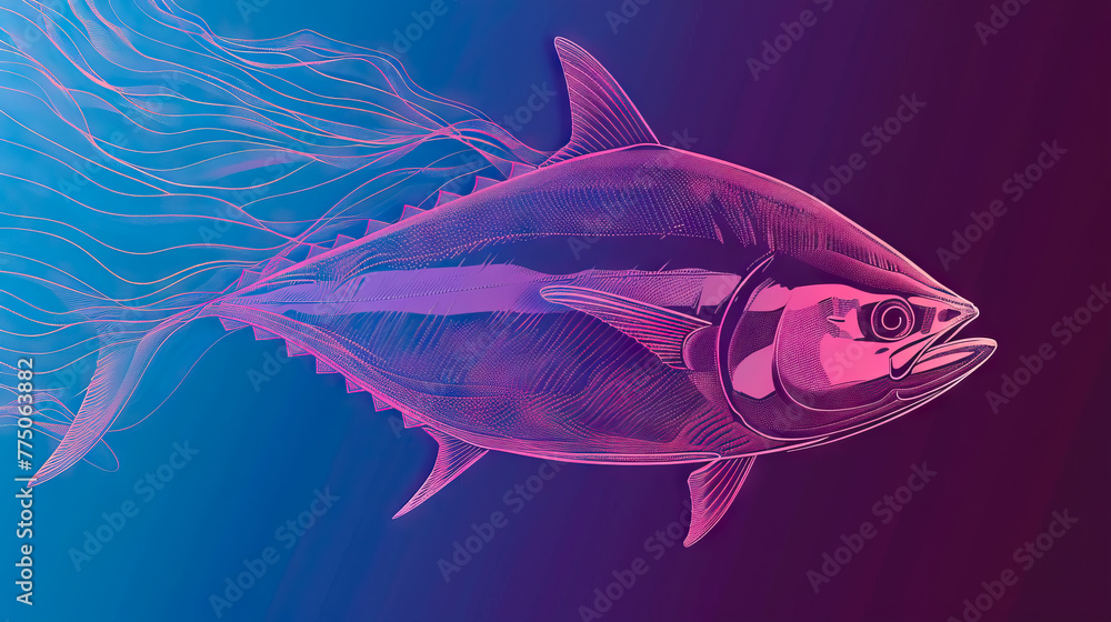 minimalist line art poster of tuna fish swimming using sleek tuna pink ...