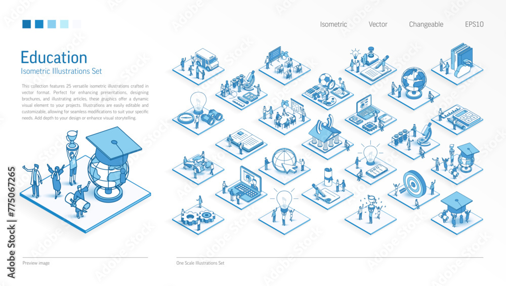 Education, graduation, business Isometric illustration set. Busy people ...